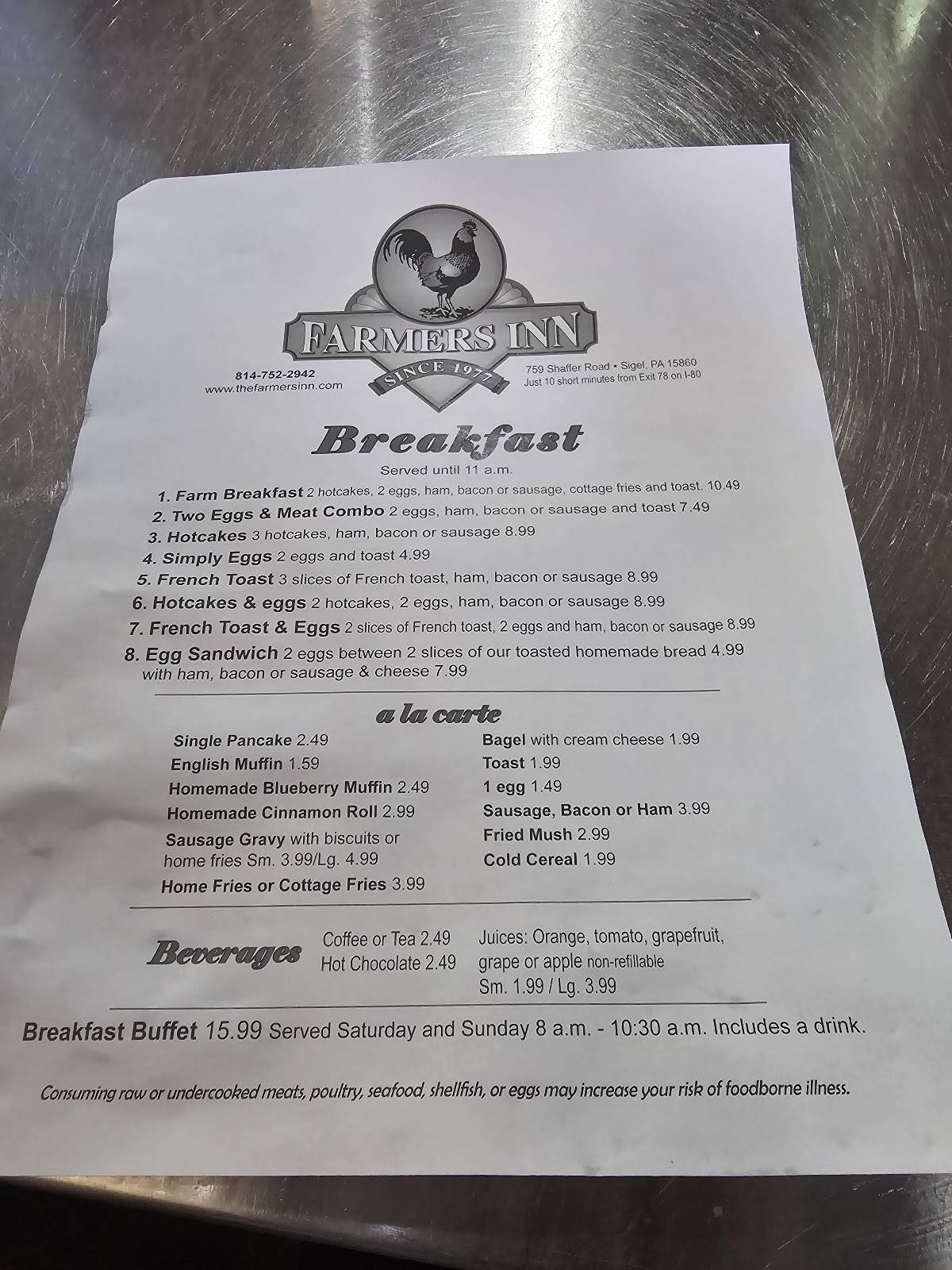 Menu at Farmer's Inn Restaurant, Sigel, 759 Shaffer Rd