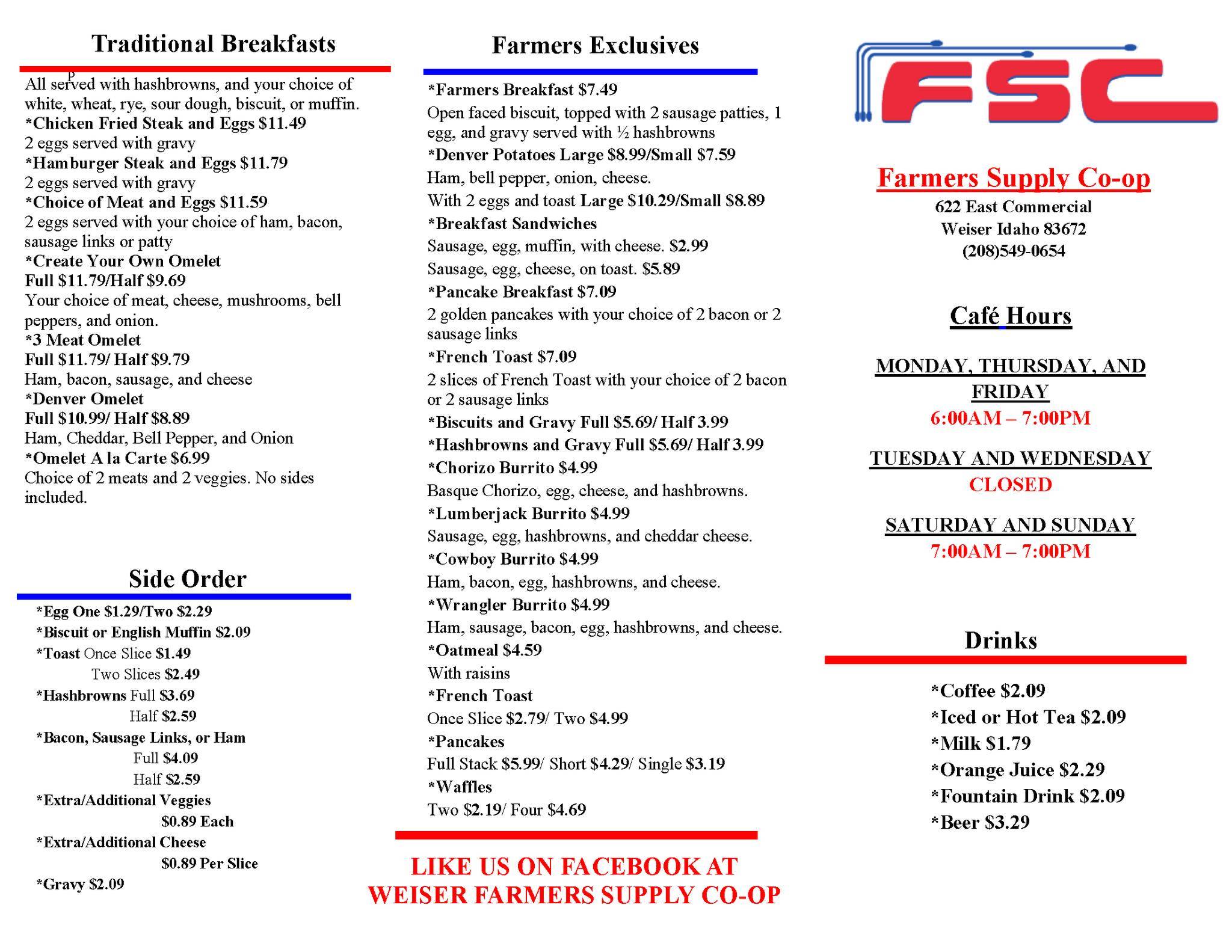 Menu at Farmers Supply Co-op & Farmers Cafe, Weiser