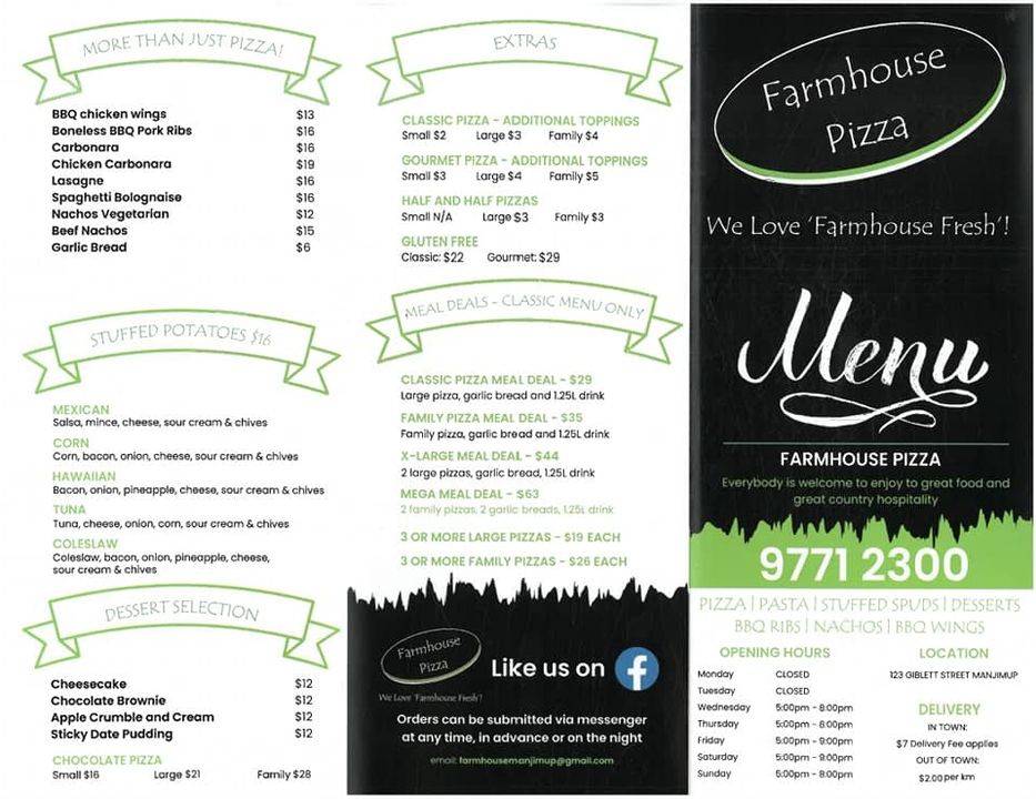 Menu at Farmhouse Pizza pizzeria, Manjimup