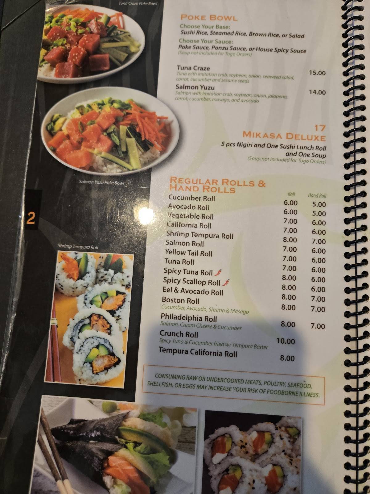 Menu at Mikasa Japanese restaurant, Farmington