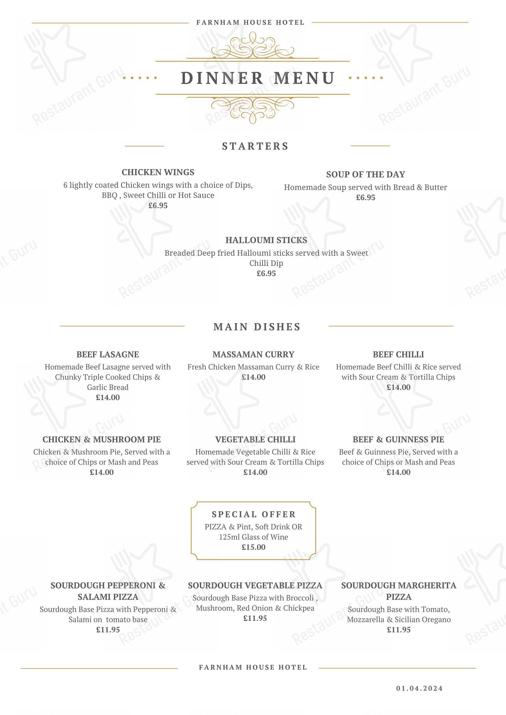 Menu at Farnham House Hotel, Farnham