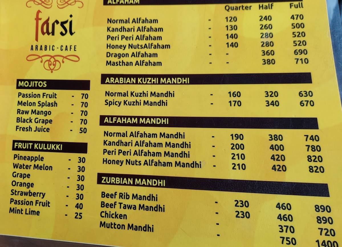 Menu at Farsi Arabic Cafe, Thodupuzha