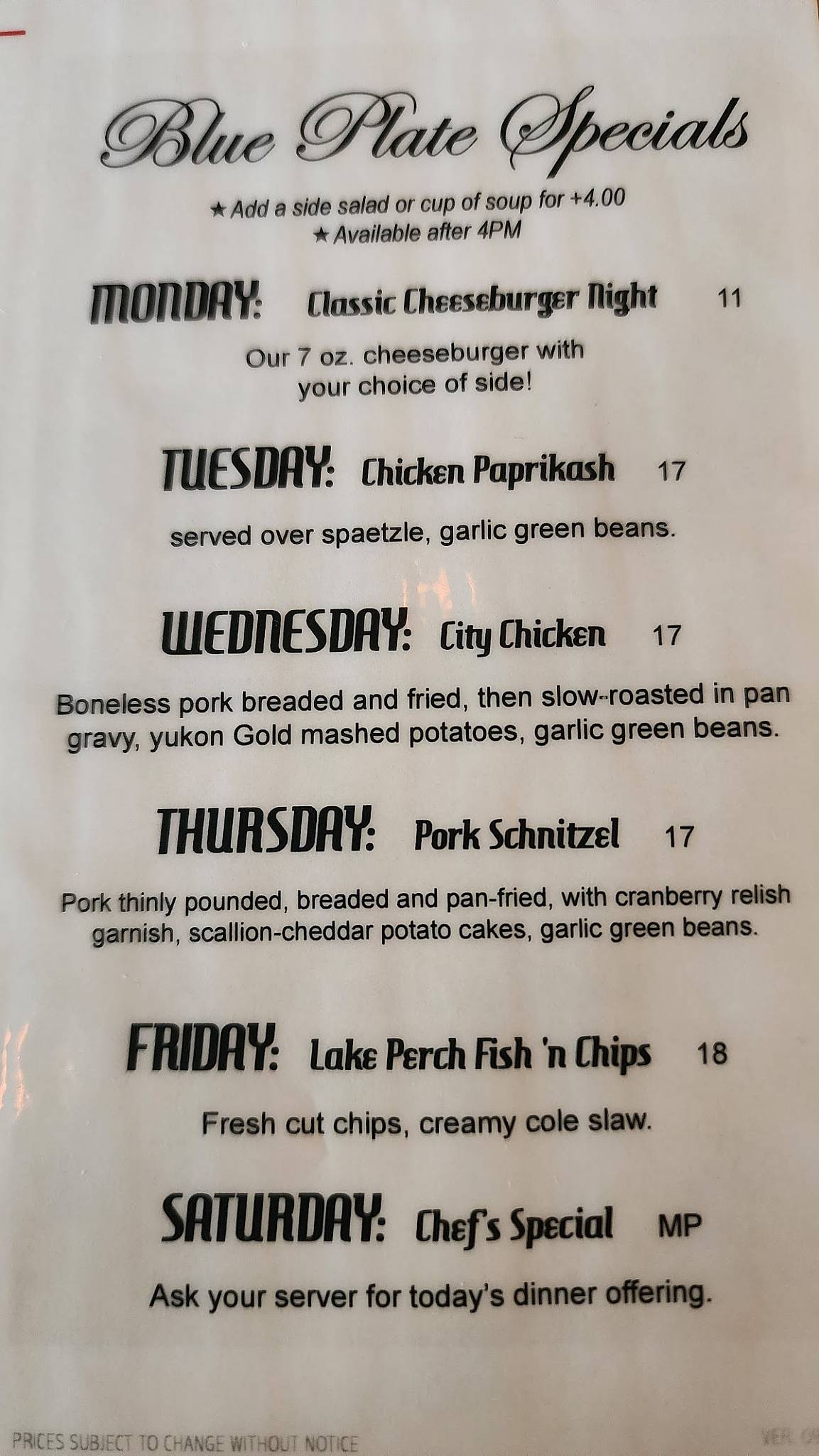 Menu at Fast Eddie's restaurant, Parma