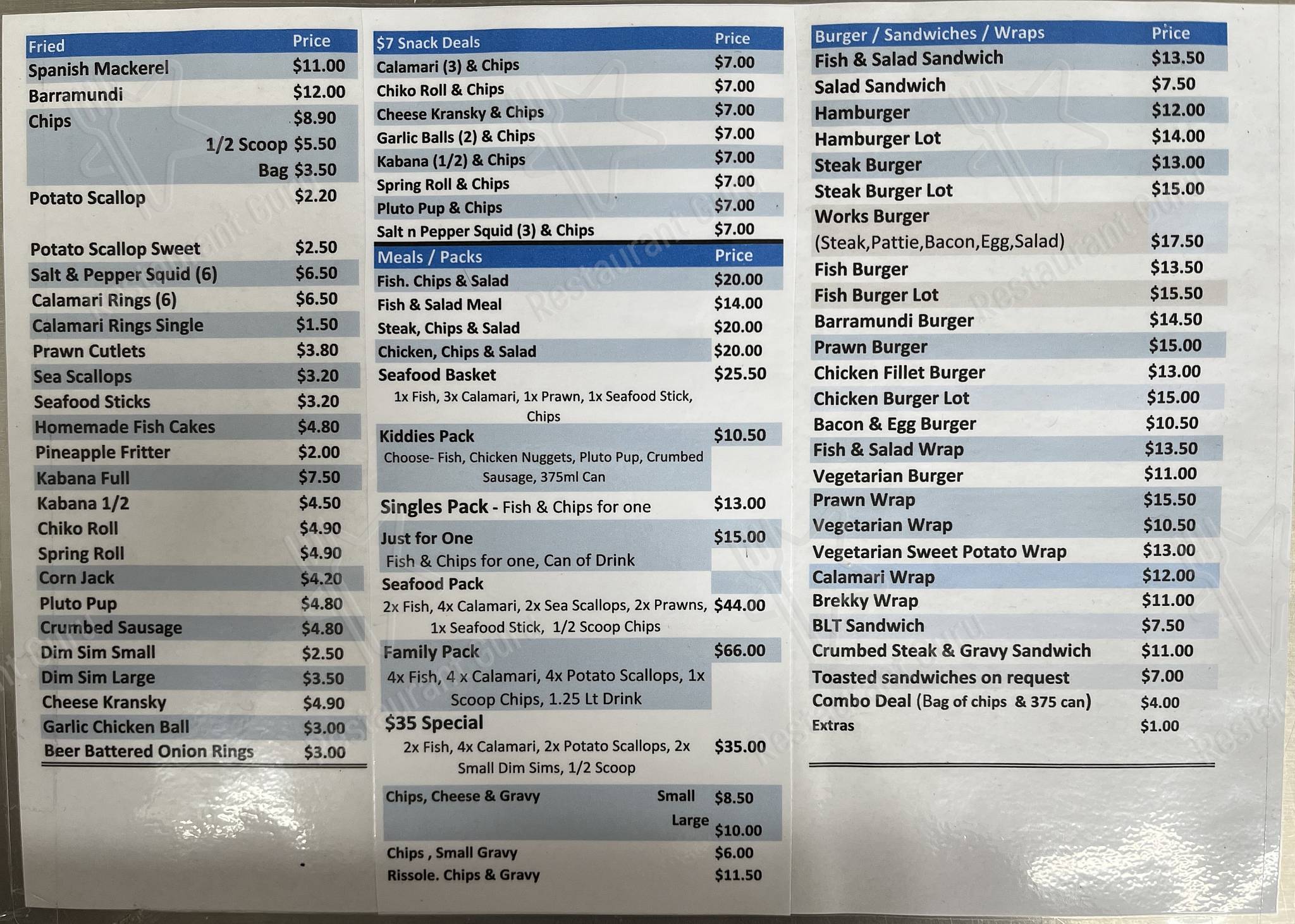 Menu at Abbott Street Fish Bar, Oonoonba