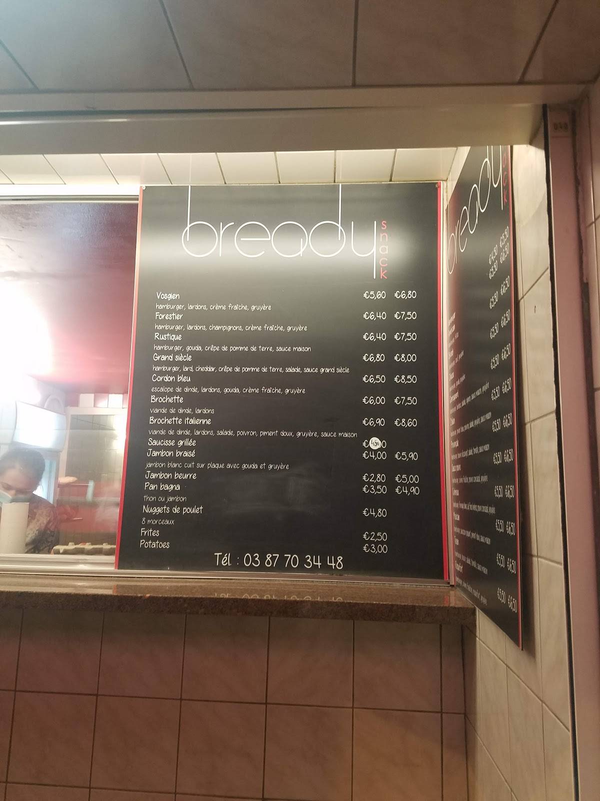 Menu au Bready Snack fast food, Hagondange