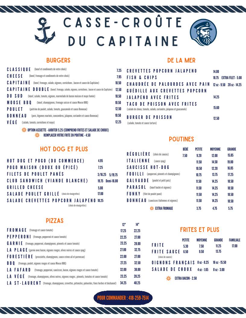Menu au Casse-Croûte du Capitaine fast food, Berthier-sur-Mer