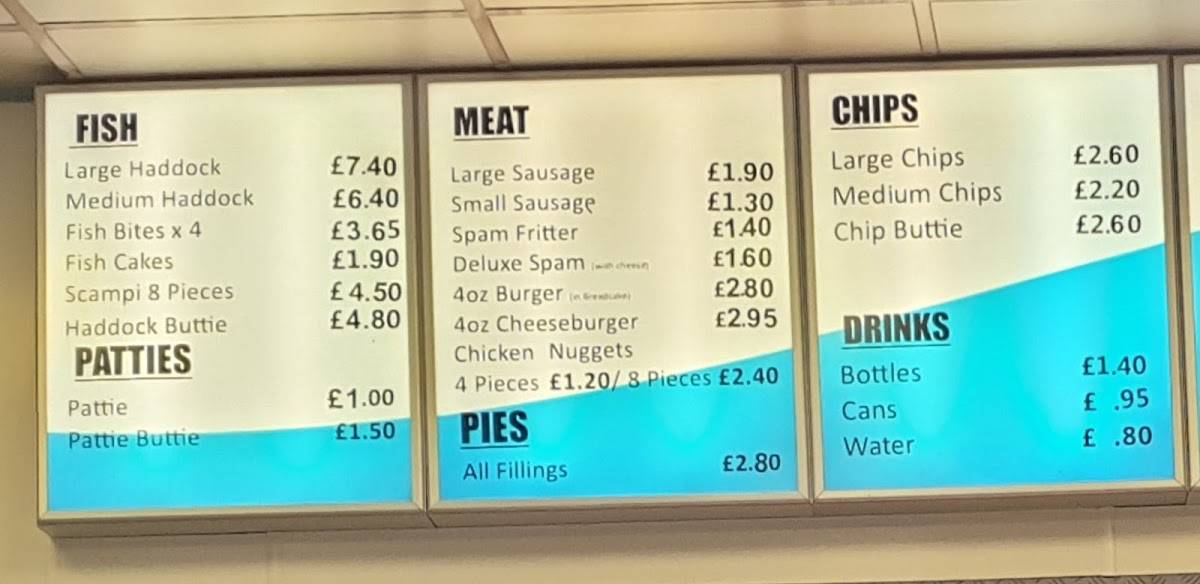Menu at Kingston Fisheries fast food, Hull, Kingston Fisheries