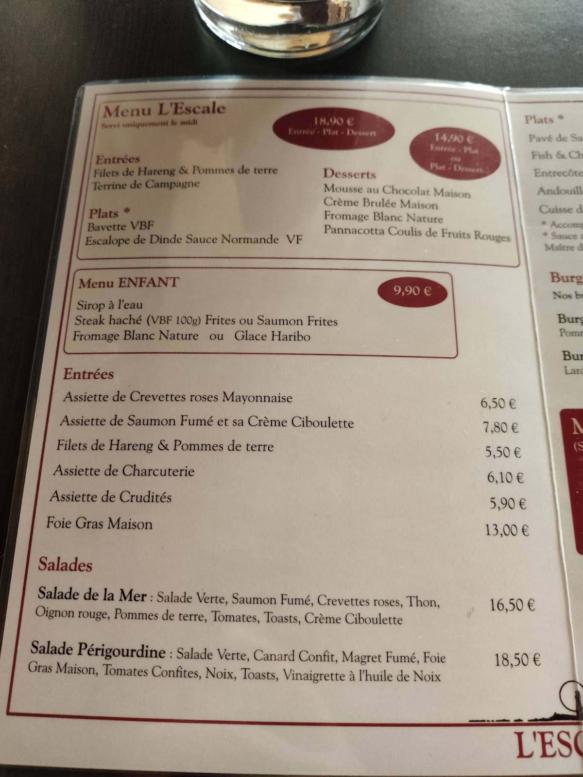 Menu au L'Escale Port Dielette fast food, Tréauville