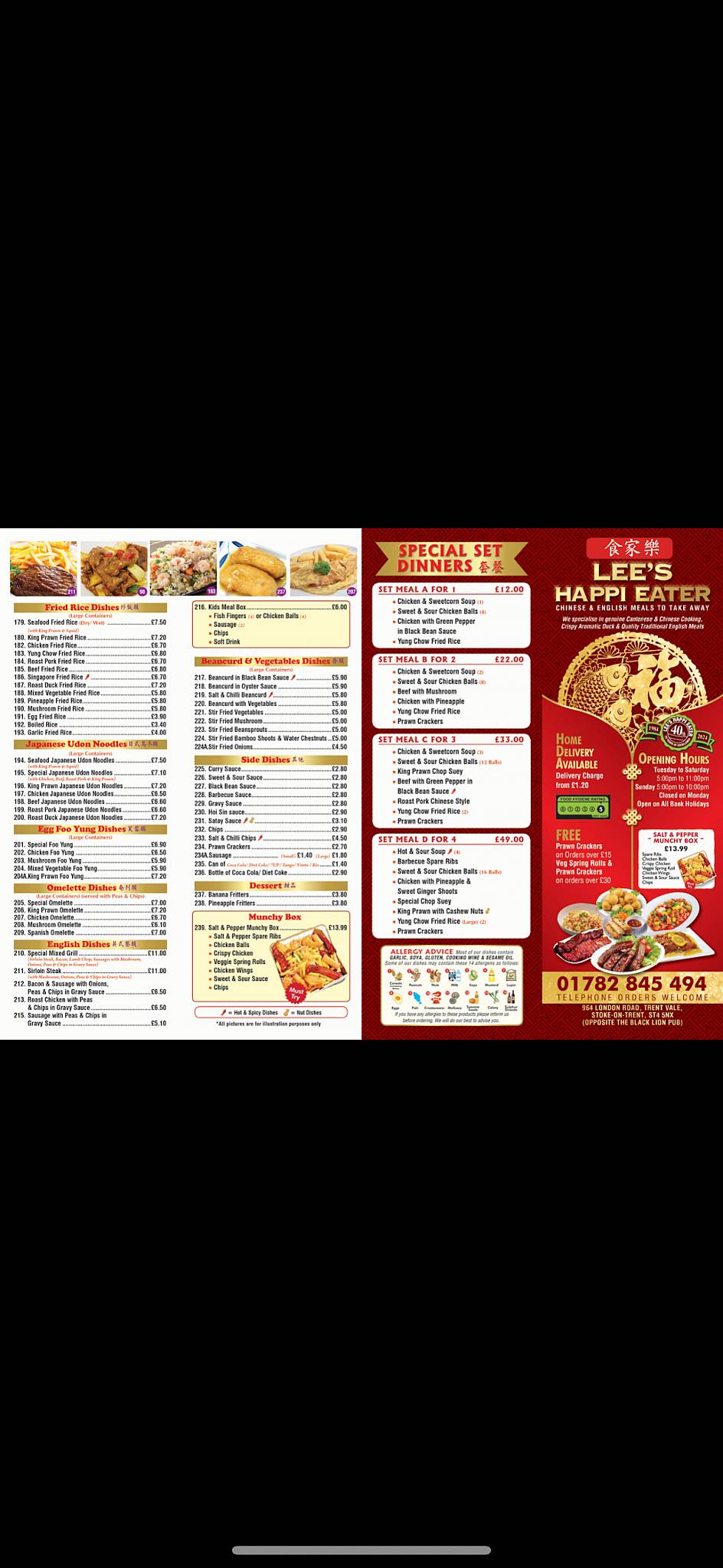Menu at Lee's Happi Eater fast food, Stoke-on-Trent
