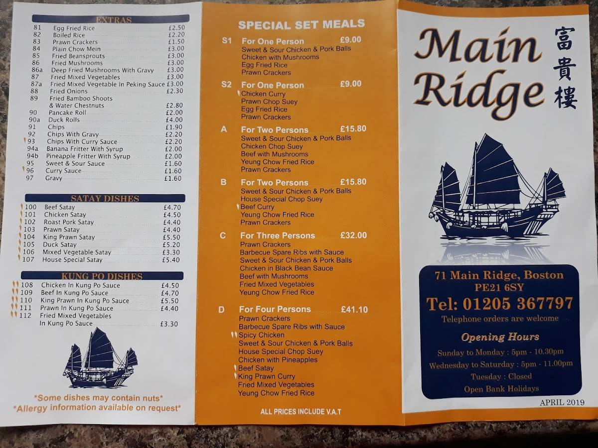 Menu at Main Ridge Take Away fast food, Boston