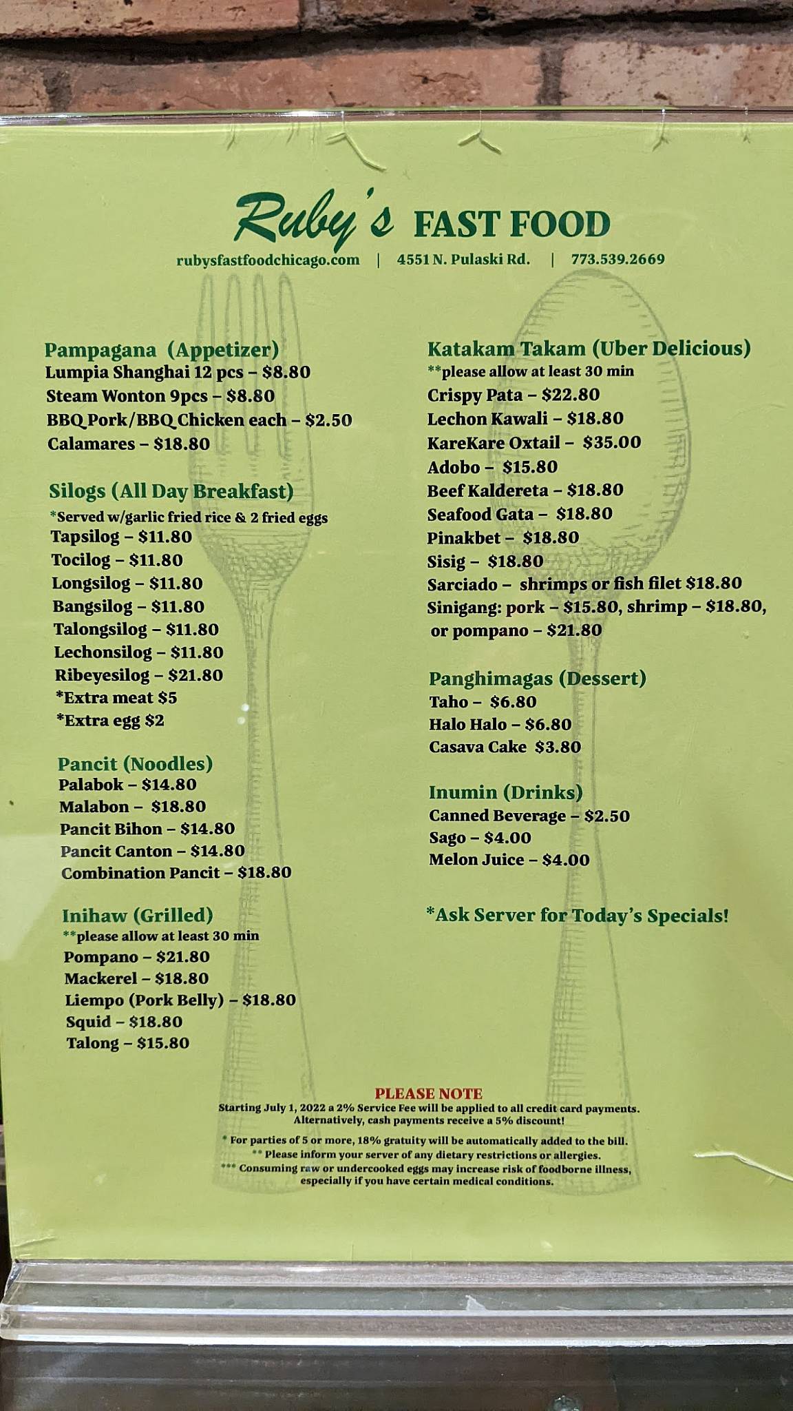 Menu at Ruby's Fast Food, Chicago