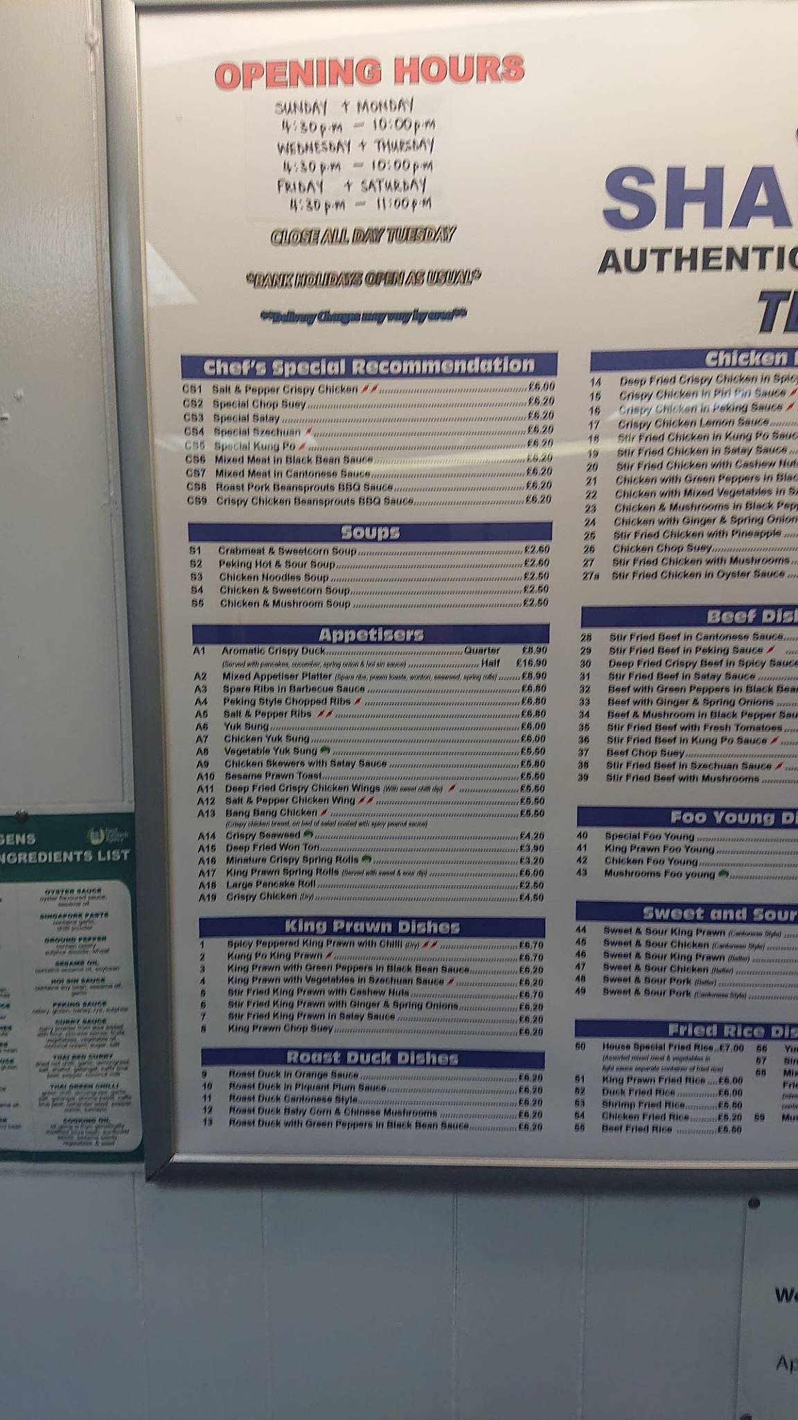 Menu at Shanghai Town fast food, Bridgnorth