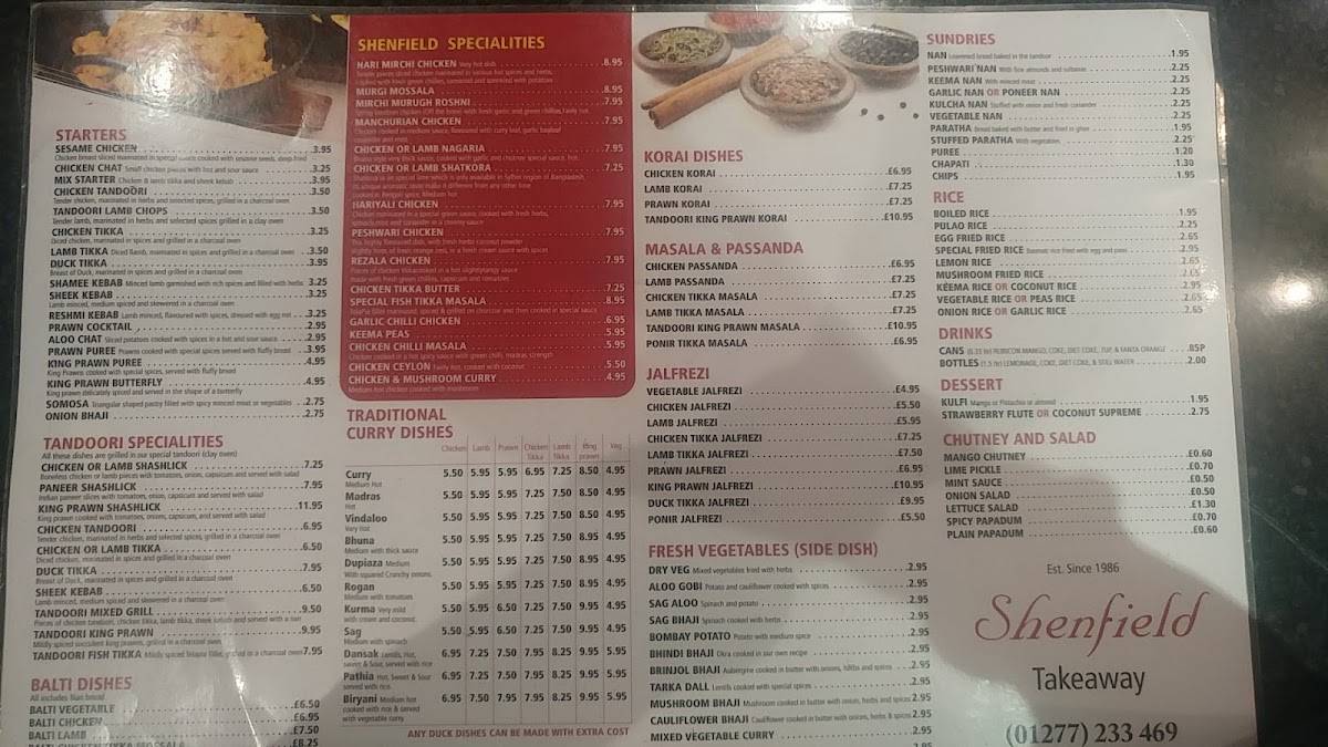 Menu at Shenfield Tandoori Takeaway restaurant, Brentwood