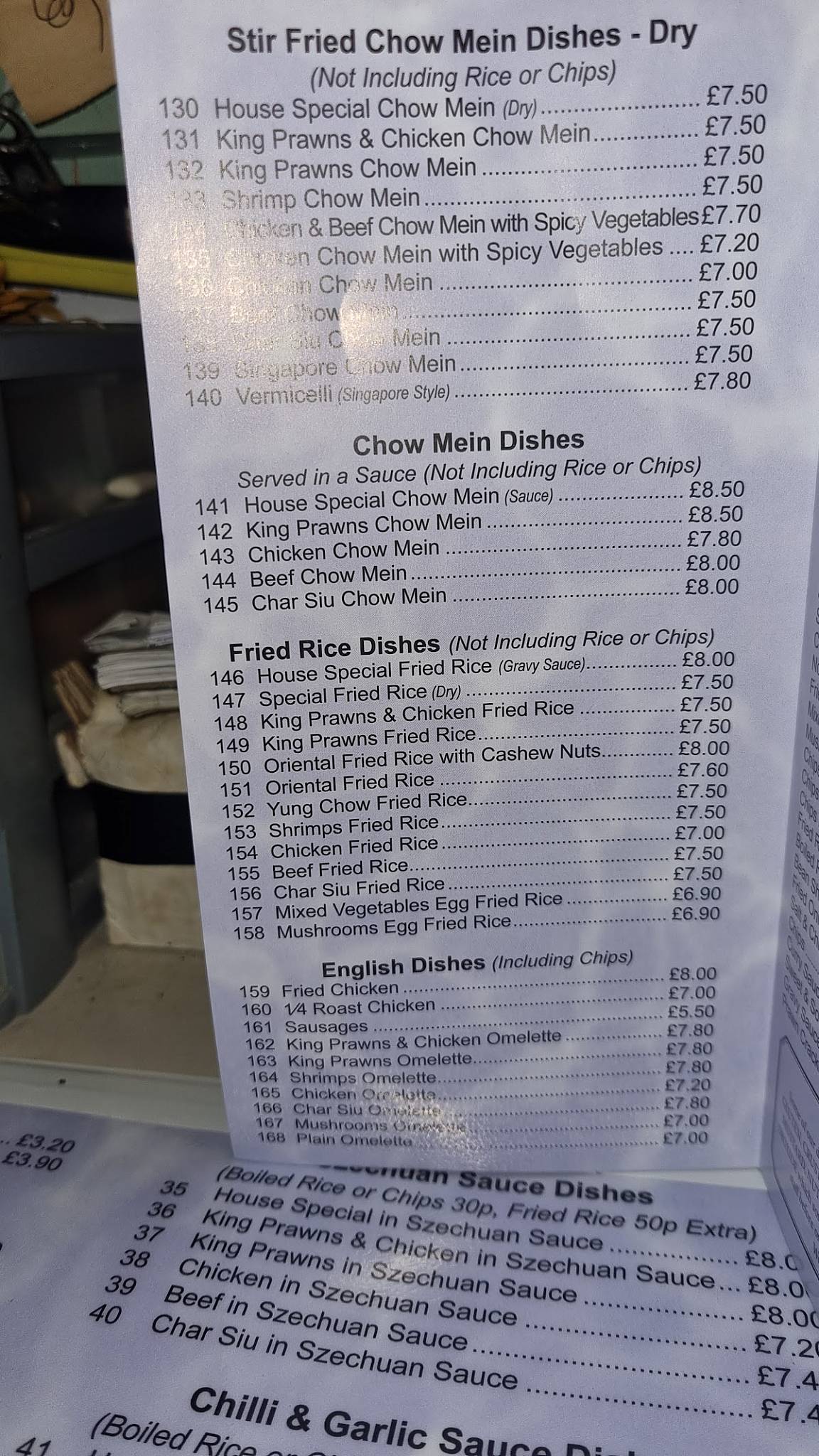 Menu at Silver Moon fast food, North Shields