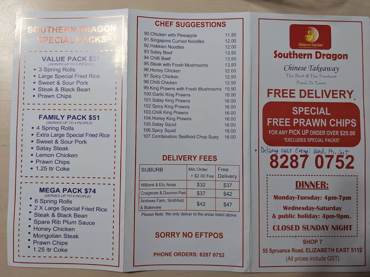 Menu at Southern Dragon Chinese Takeaway restaurant, Elizabeth East