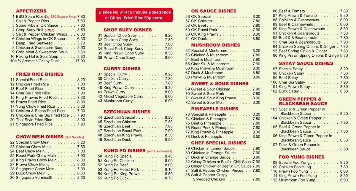 Menu at Sun Hing fast food, Stockport