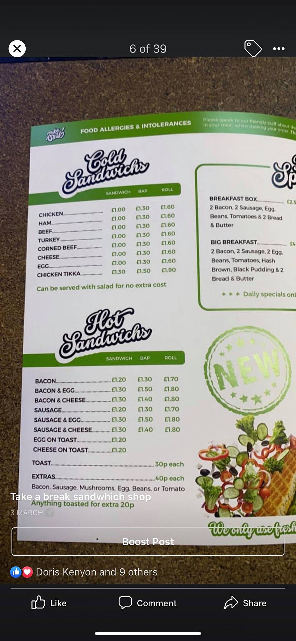 Menu at Take-A-Break fast food, Stoke-on-Trent