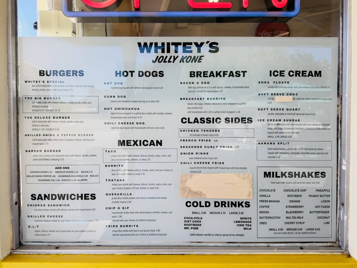 Menu at Whitey's Jolly Kone fast food, West Sacramento