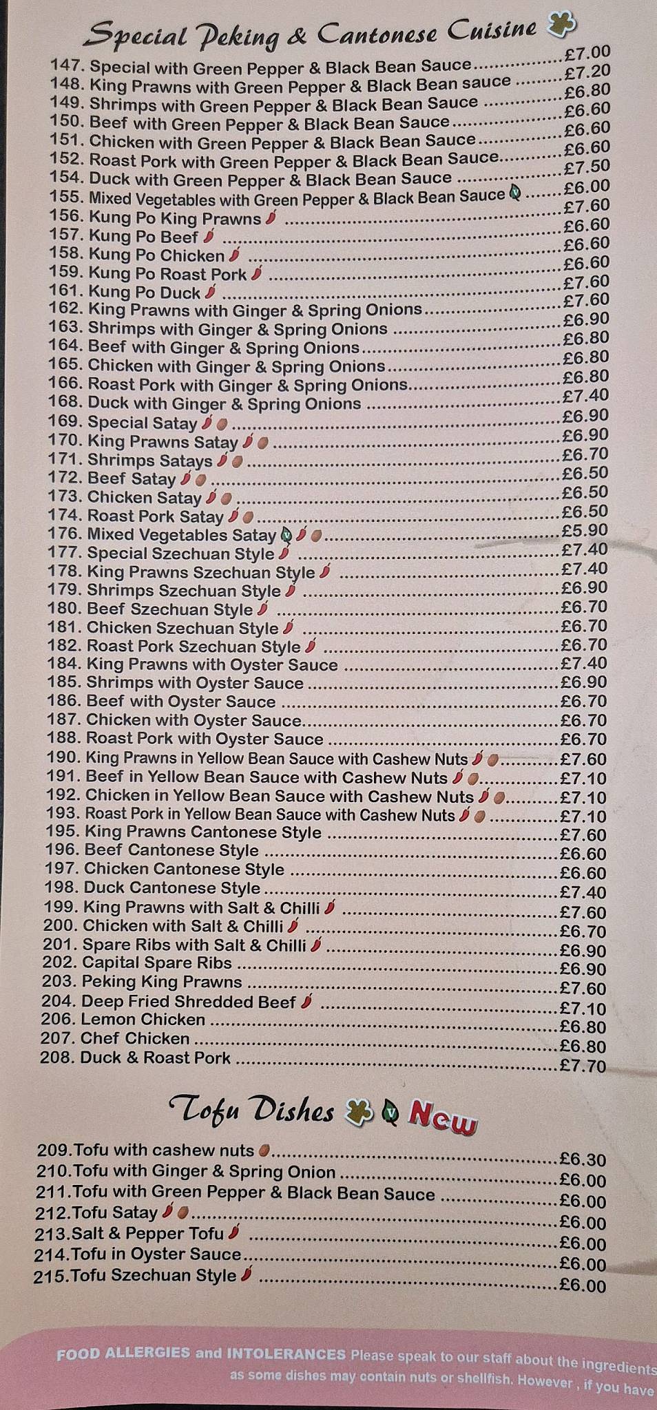 Menu at Wickersley Cantonese takeaway fast food, Rotherham