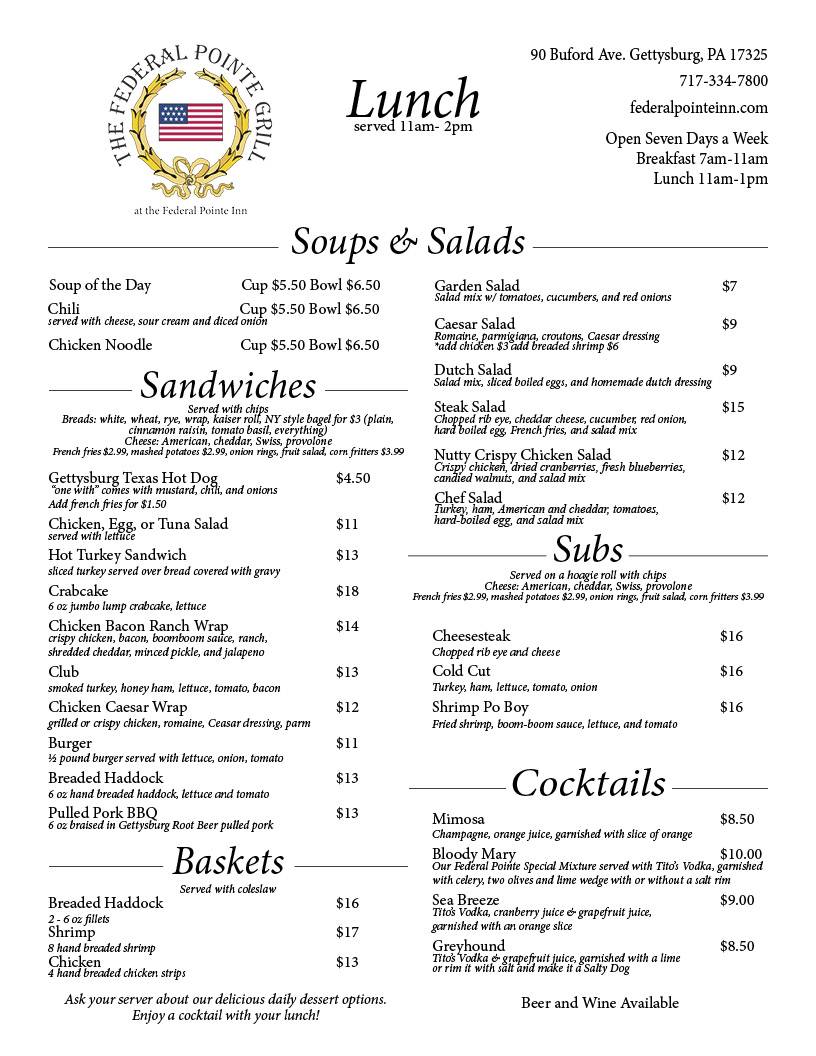Menu at Federal Pointe Grill restaurant, Gettysburg