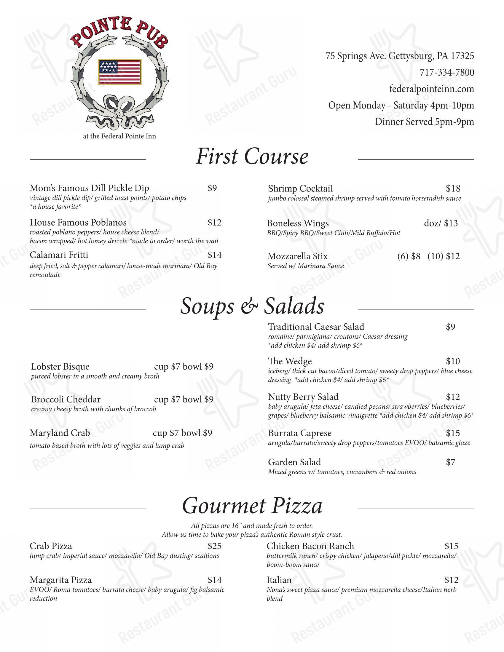 Menu at Federal Pointe Grill restaurant, Gettysburg