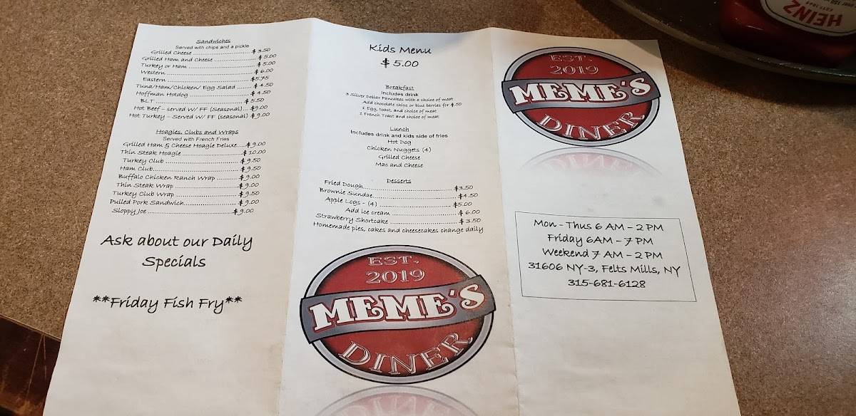 Menu at Meme's Diner restaurant, Felts Mills