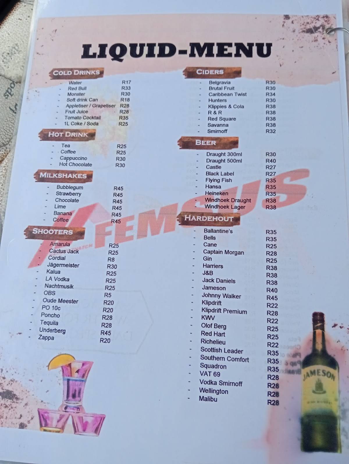 Menu at Femsus Pub & Grill, Brits, Plot 176 Zilkaatsnek