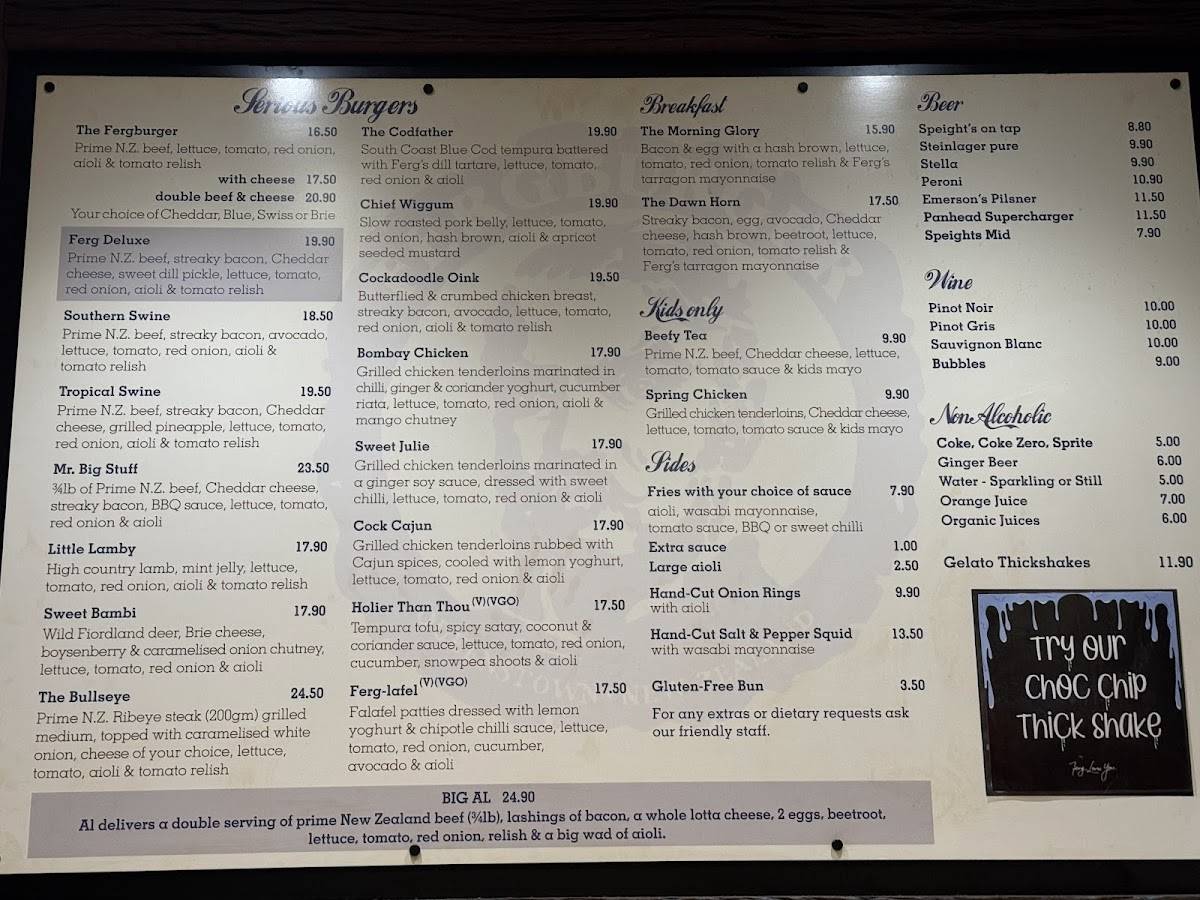 Menu at Fergburger restaurant, Queenstown