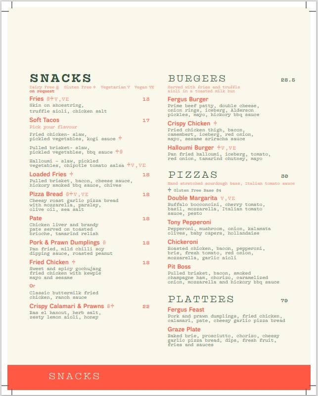 Carta de Fergus Bar & Kitchen, Hamilton