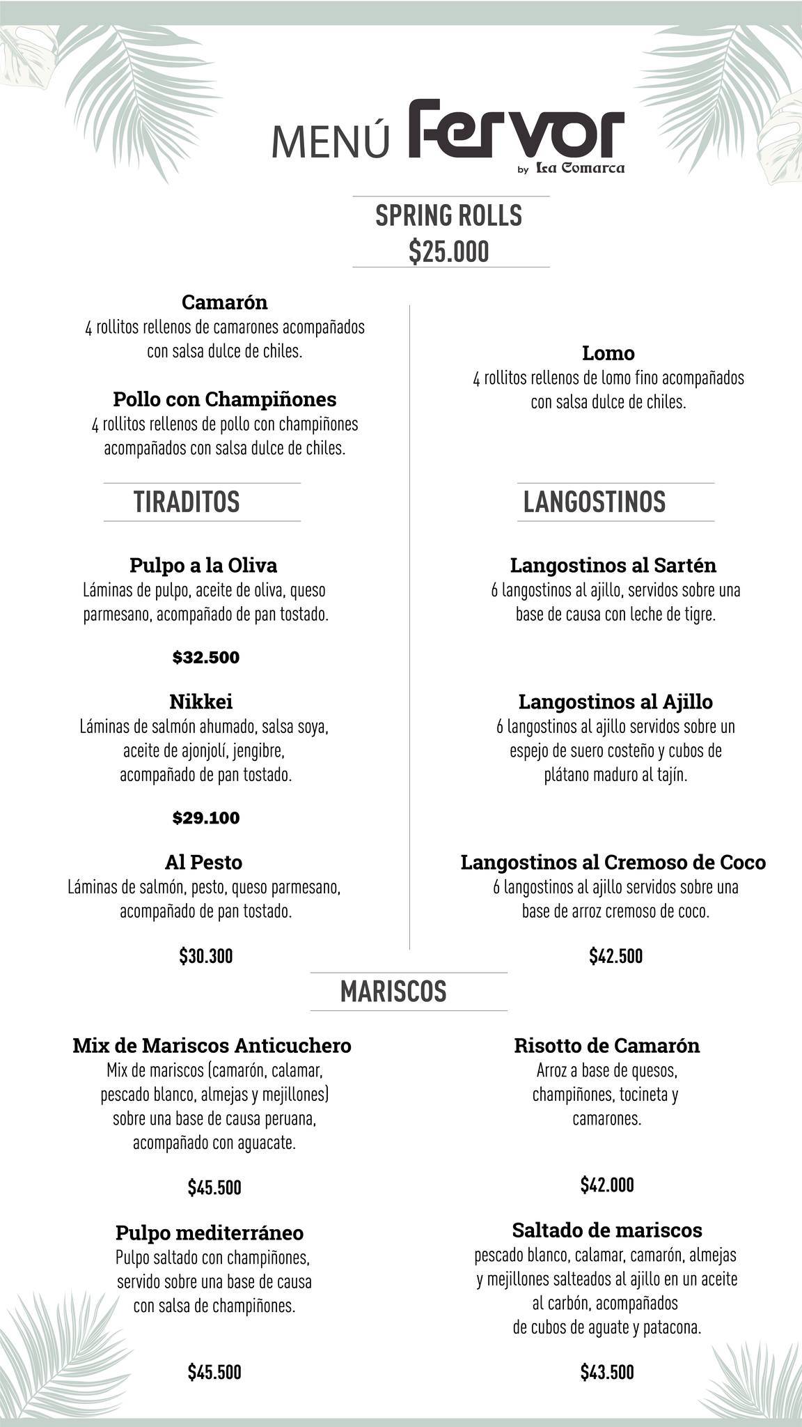 Carta del restaurante Fervor, Ibagué