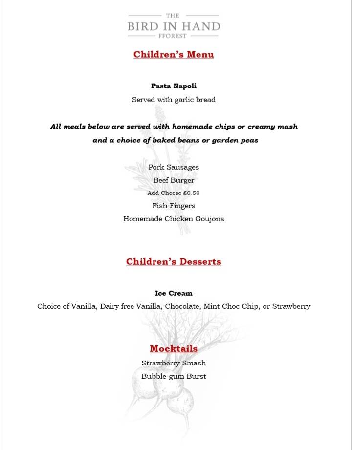 Menu at The Bird In Hand pub & bar, Fforest, 24 Carmarthen Rd