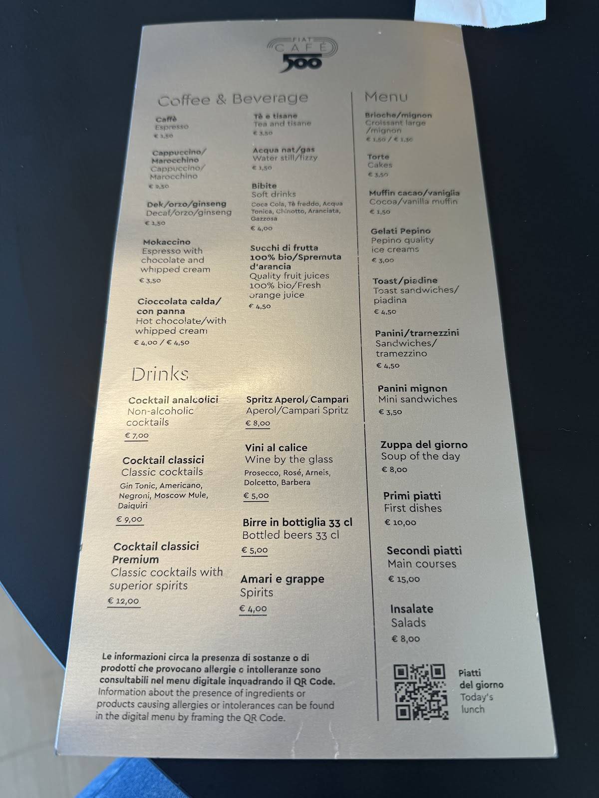 Menu da Fiat Caffè 500 pub & bar, Torino