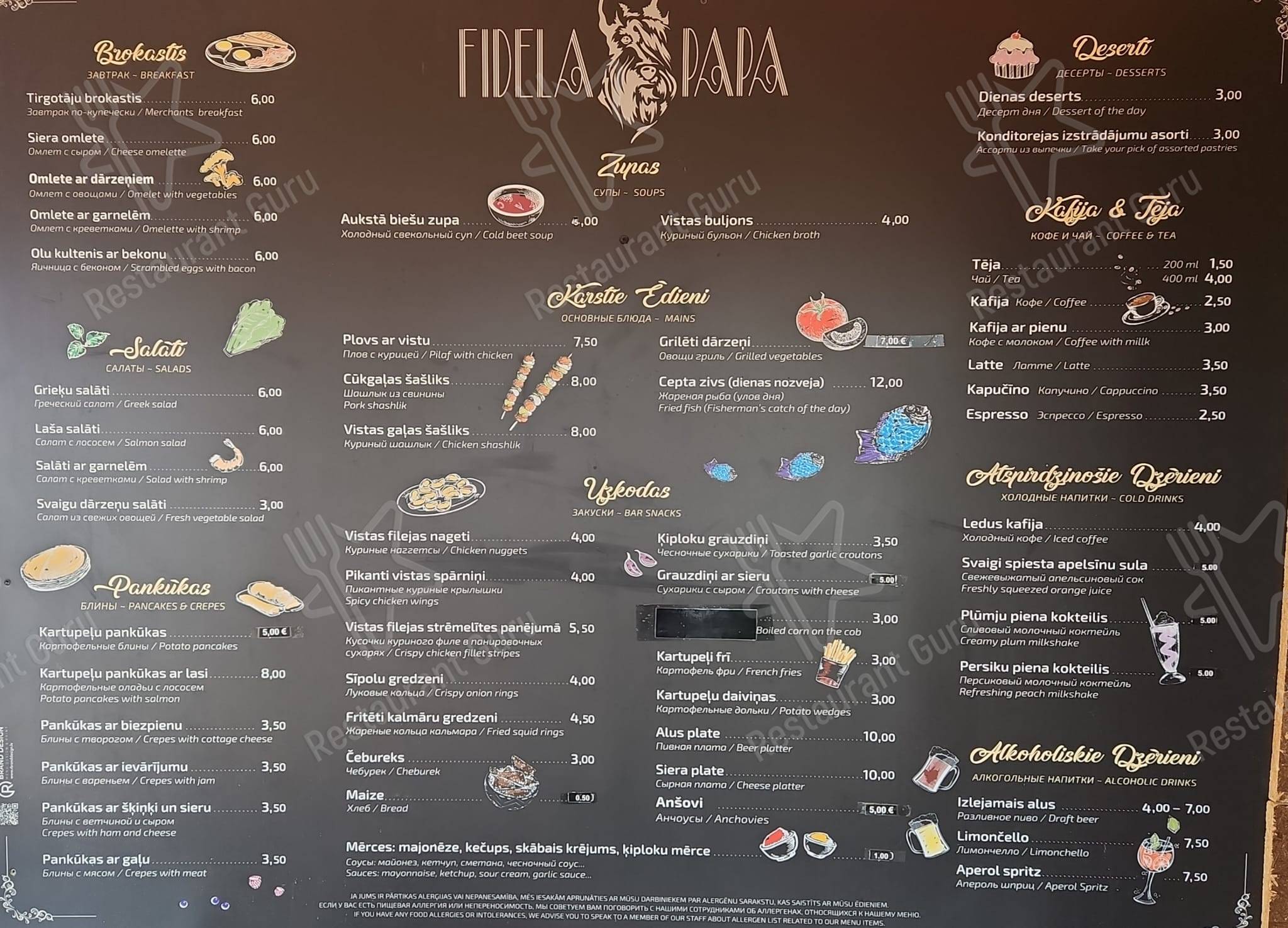 Menu au "Fideļa papa" café, Jūrmala