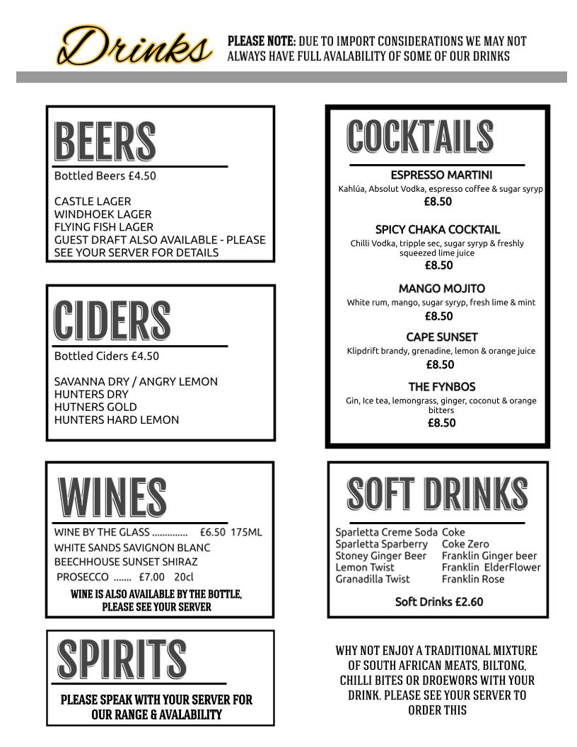 Menu at Fields Biltong Shack/ Inyama restaurant- South African deli ...