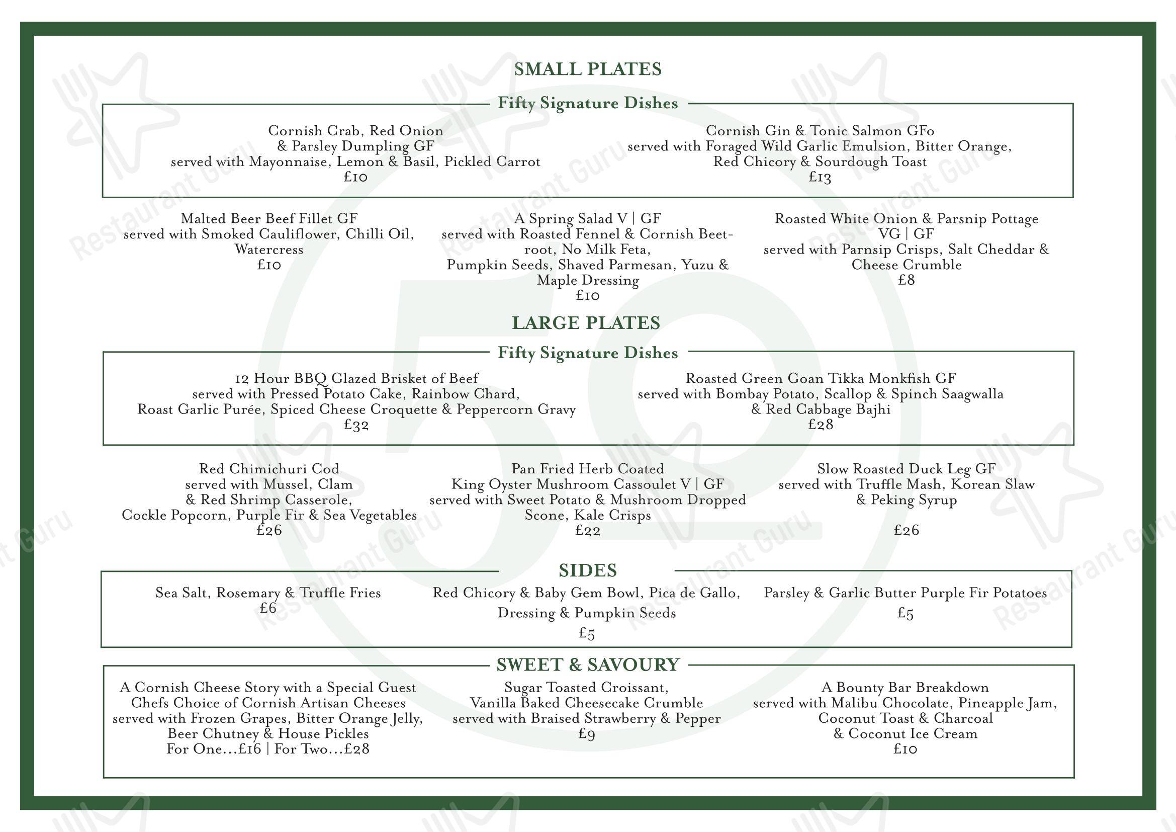 Menu at Fifty Looe restaurant, Looe