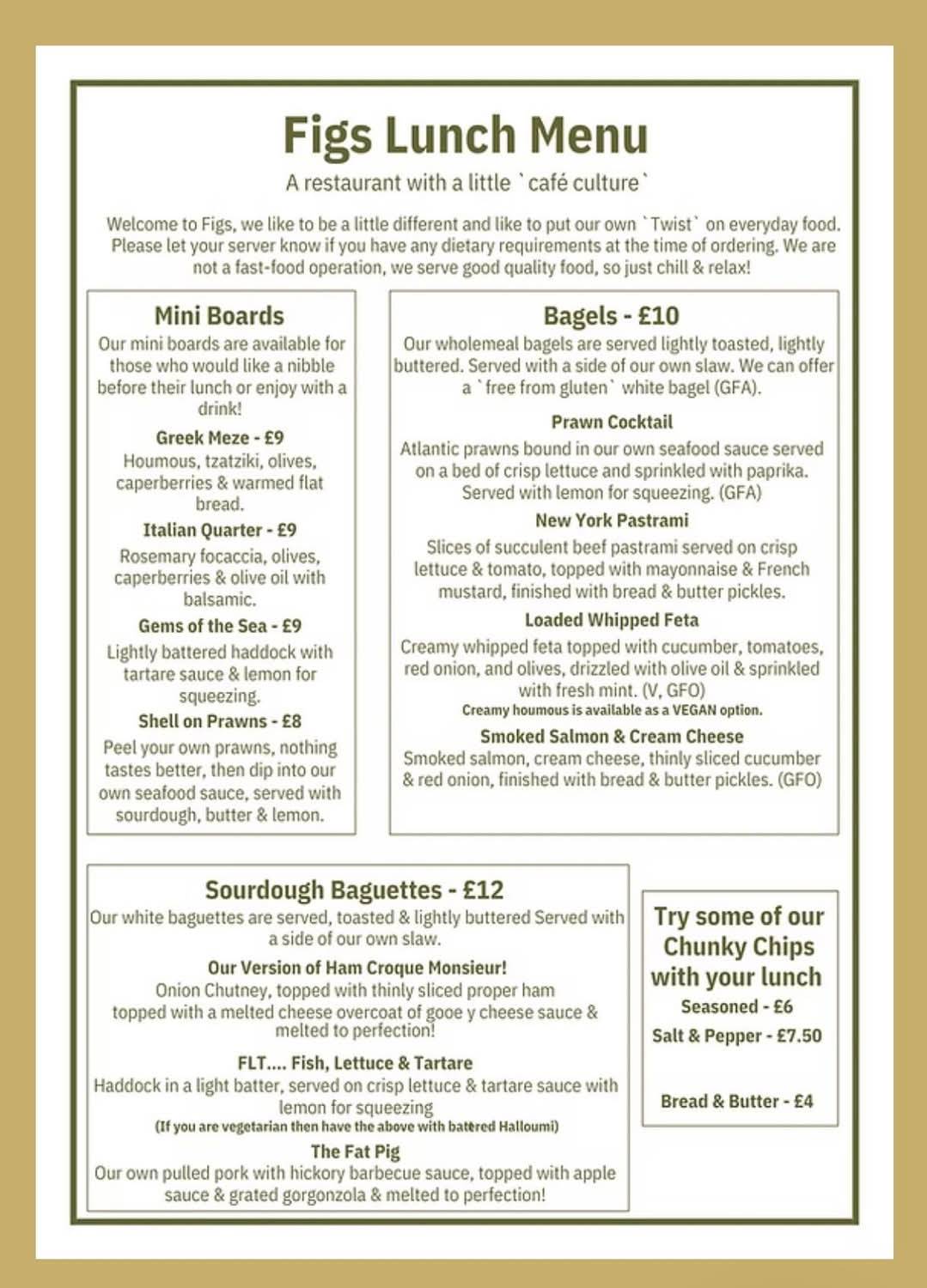 Menu at Figs restaurant, Cleethorpes