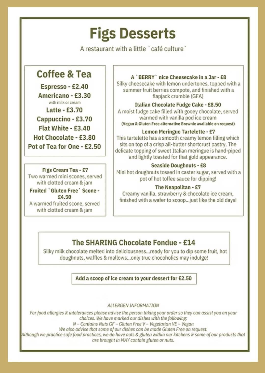 Menu at Figs restaurant, Cleethorpes