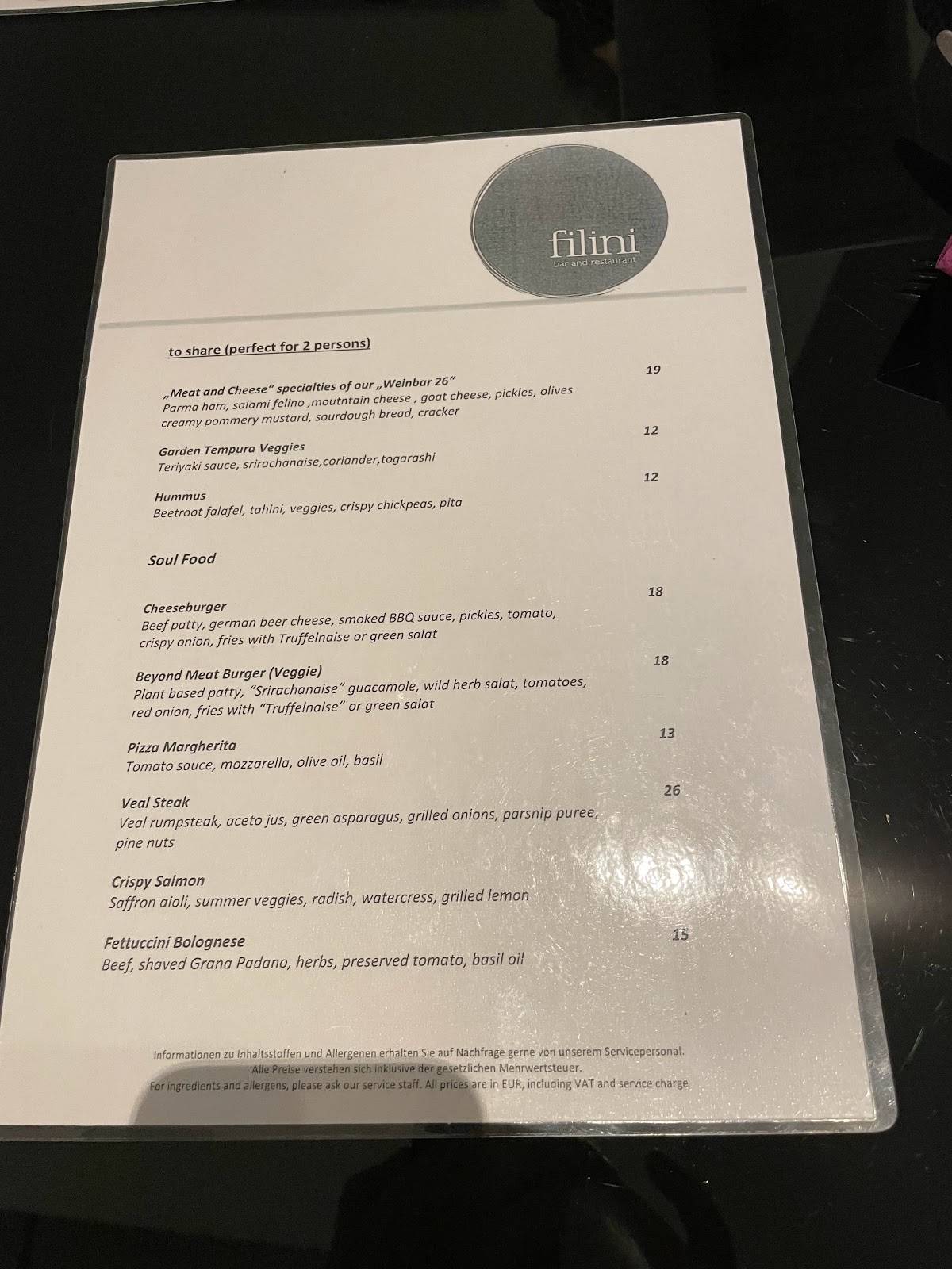 Speisekarte von Filini Restaurant, Hamburg