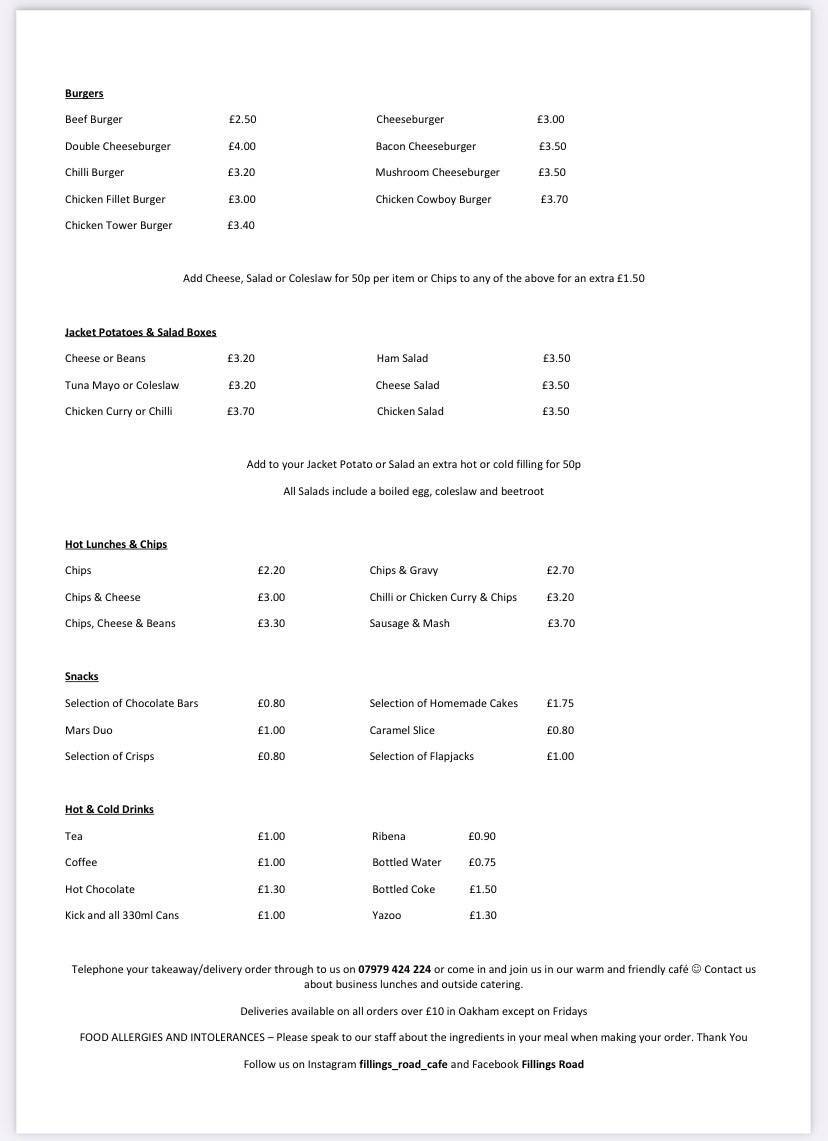 Menu at Fillings Road Cafe, Oakham