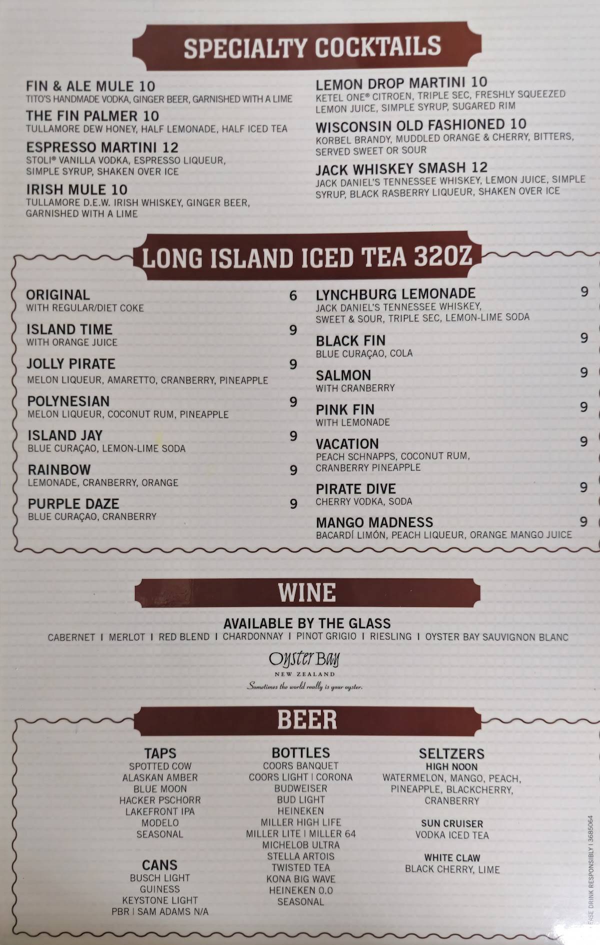 Menu at Fin and Ale pub & bar, Kenosha