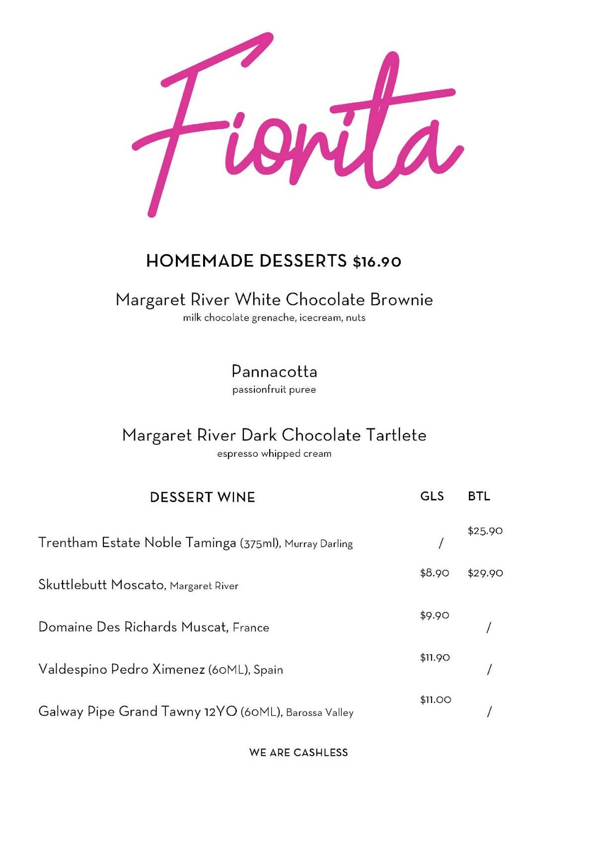 Menu at Fiorita Wine Bar & Restaurant, Karratha