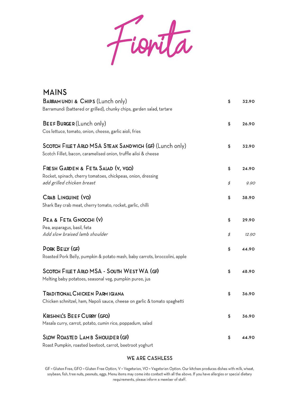 Menu at Fiorita Wine Bar & Restaurant, Karratha