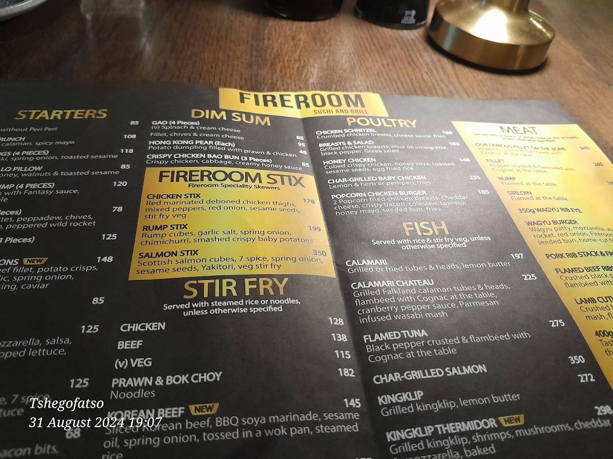 Menu at Fireroom Hazelwood restaurant, Pretoria