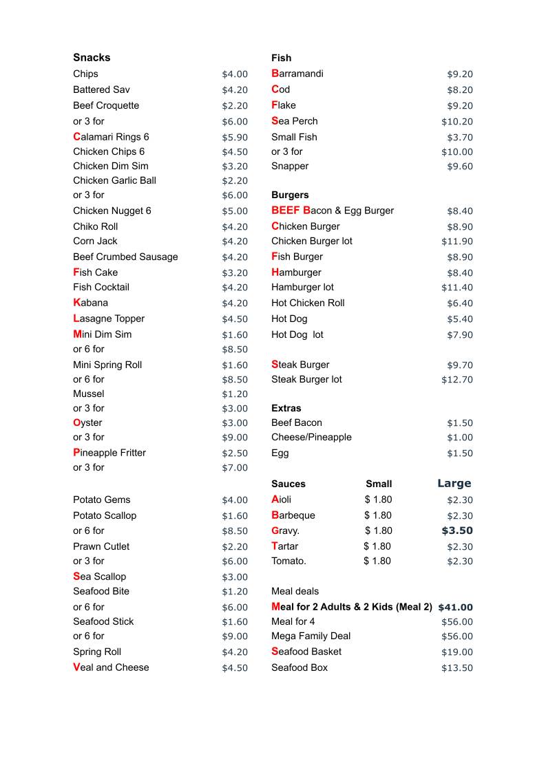 Menu at Fish Inn fast food, Regents Park, Unit 8/57-61 Emerald Dr
