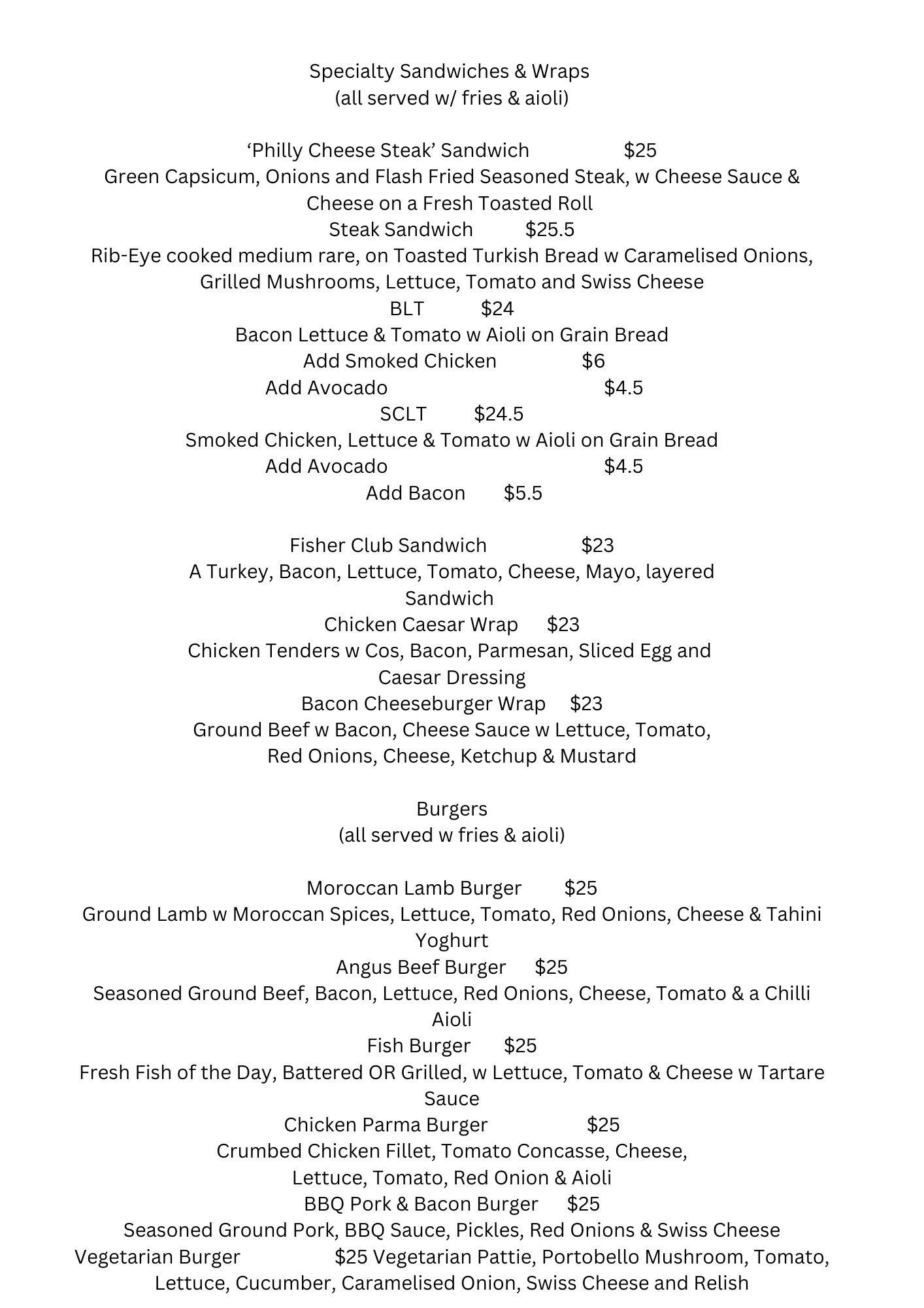 Menu at Fisher House restaurant, Auckland