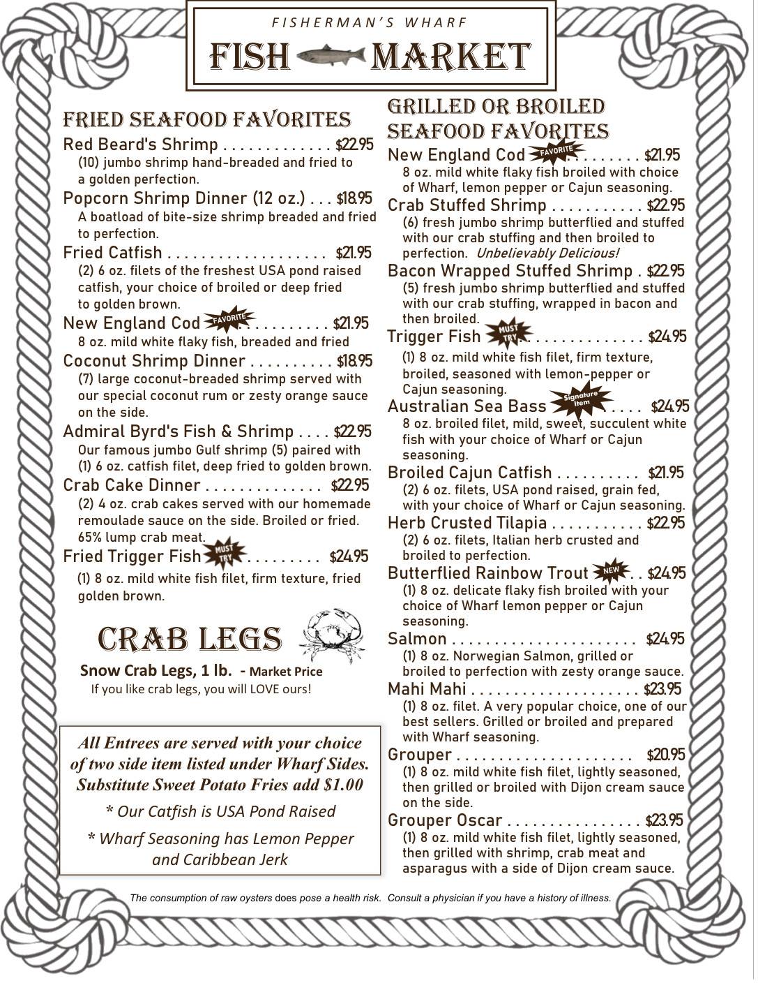 Menu at Fisherman's Wharf Steak & Seafood restaurant, Lake Hamilton