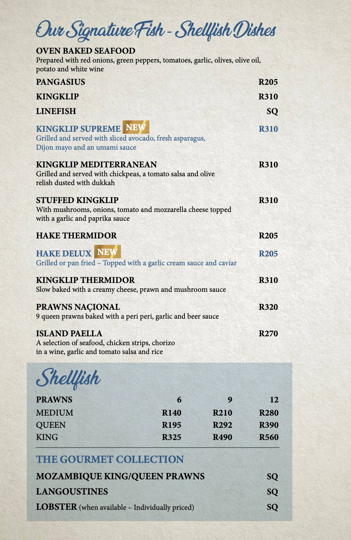 Menu at Fishmonger Rosebank restaurant, Johannesburg
