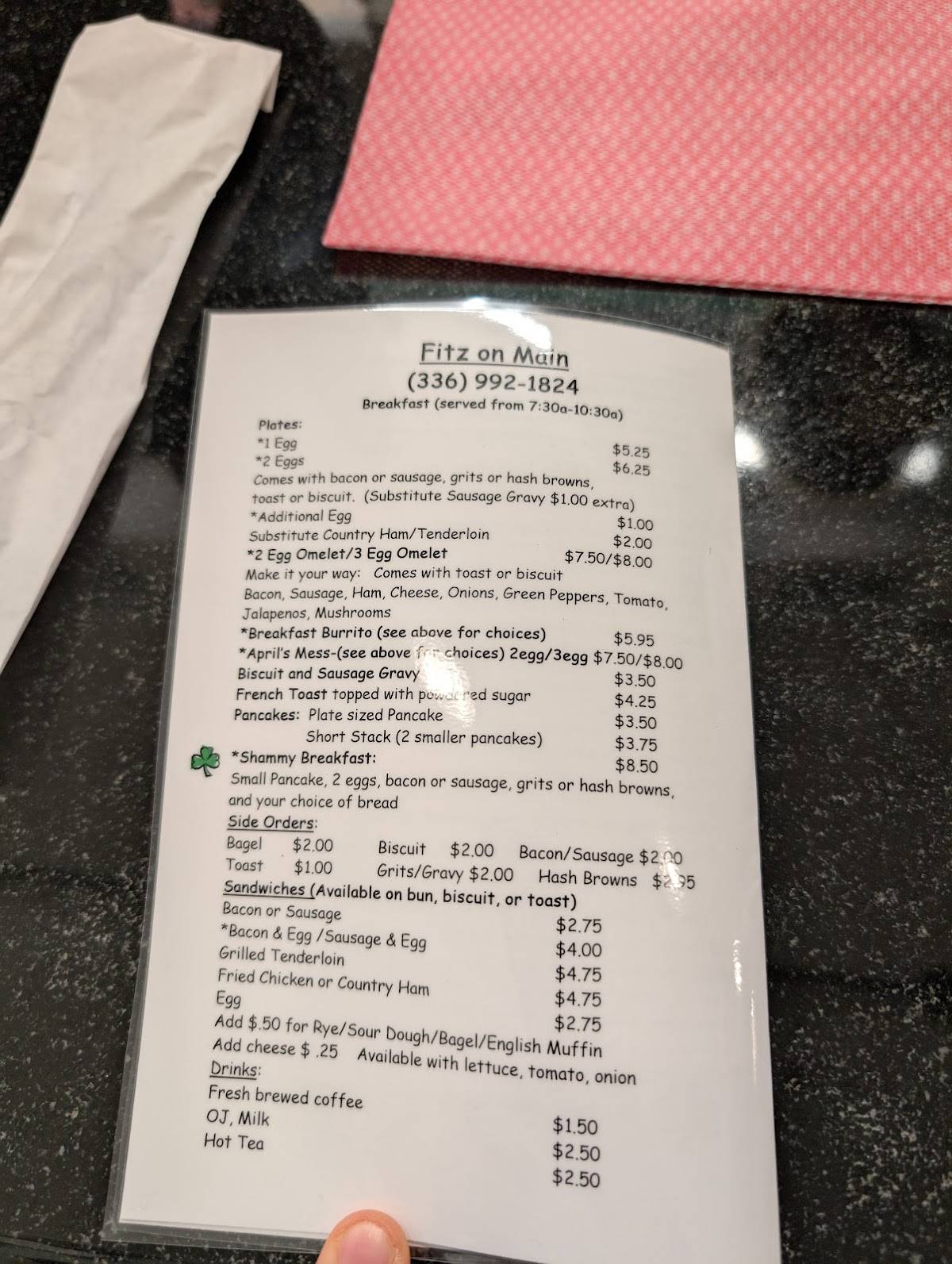 Menu at Fitz On Main restaurant, Kernersville