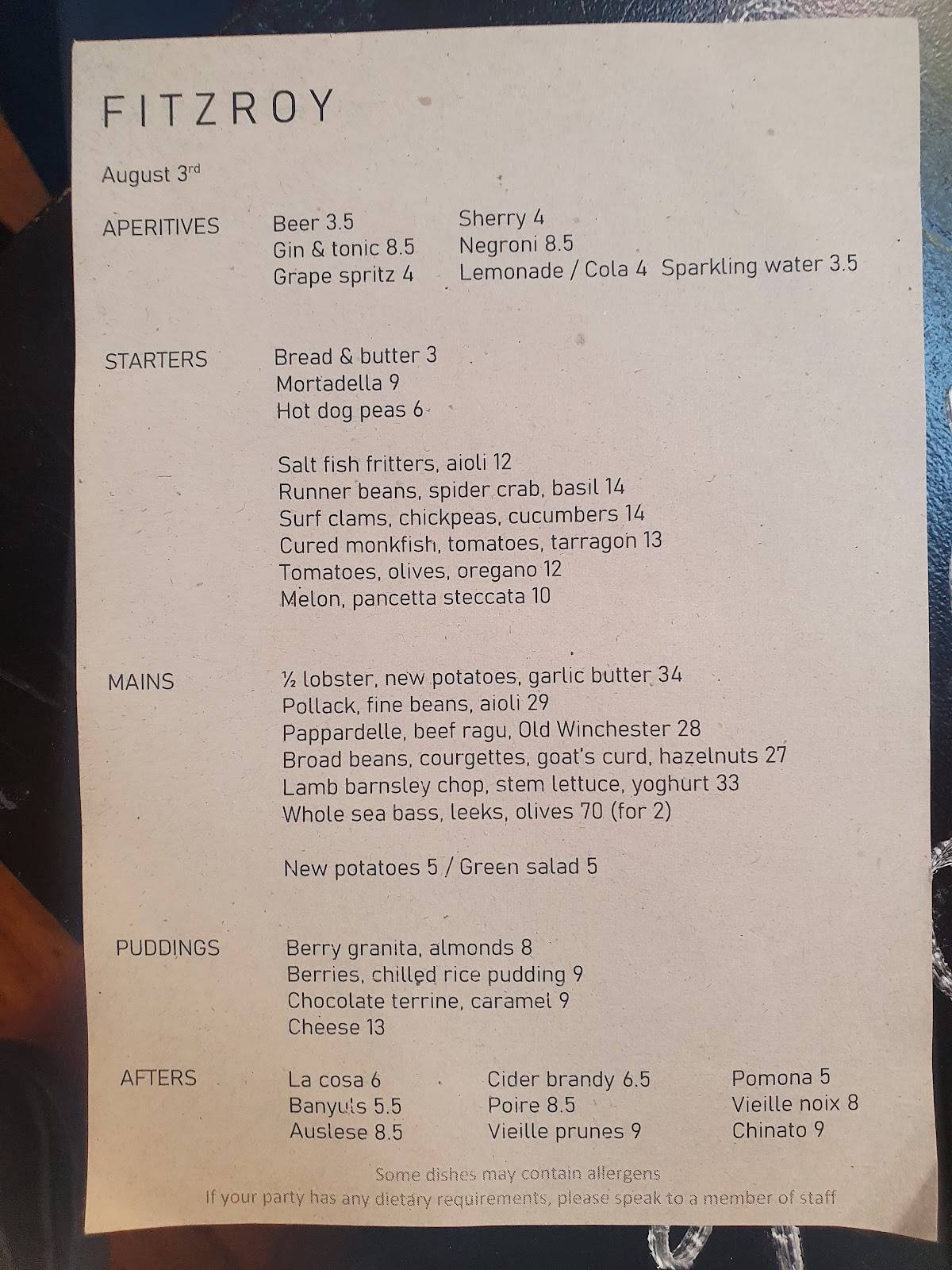 Menu at Fitzroy restaurant, Fowey