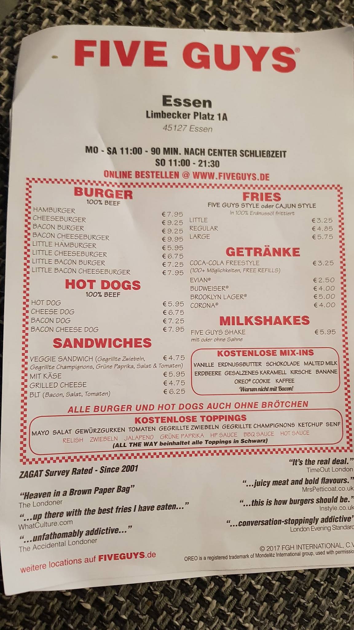Speisekarte von Five Guys Essen Limbecker Platz fast Food, Essen